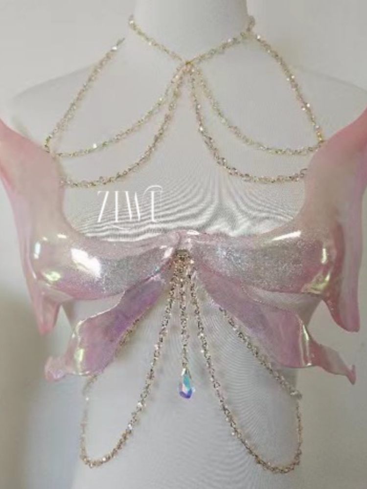 ZIWU ARTEMIS PINK SHIMMERING ANGEL WINGS RESIN MERMAID CORSET BRA TOP